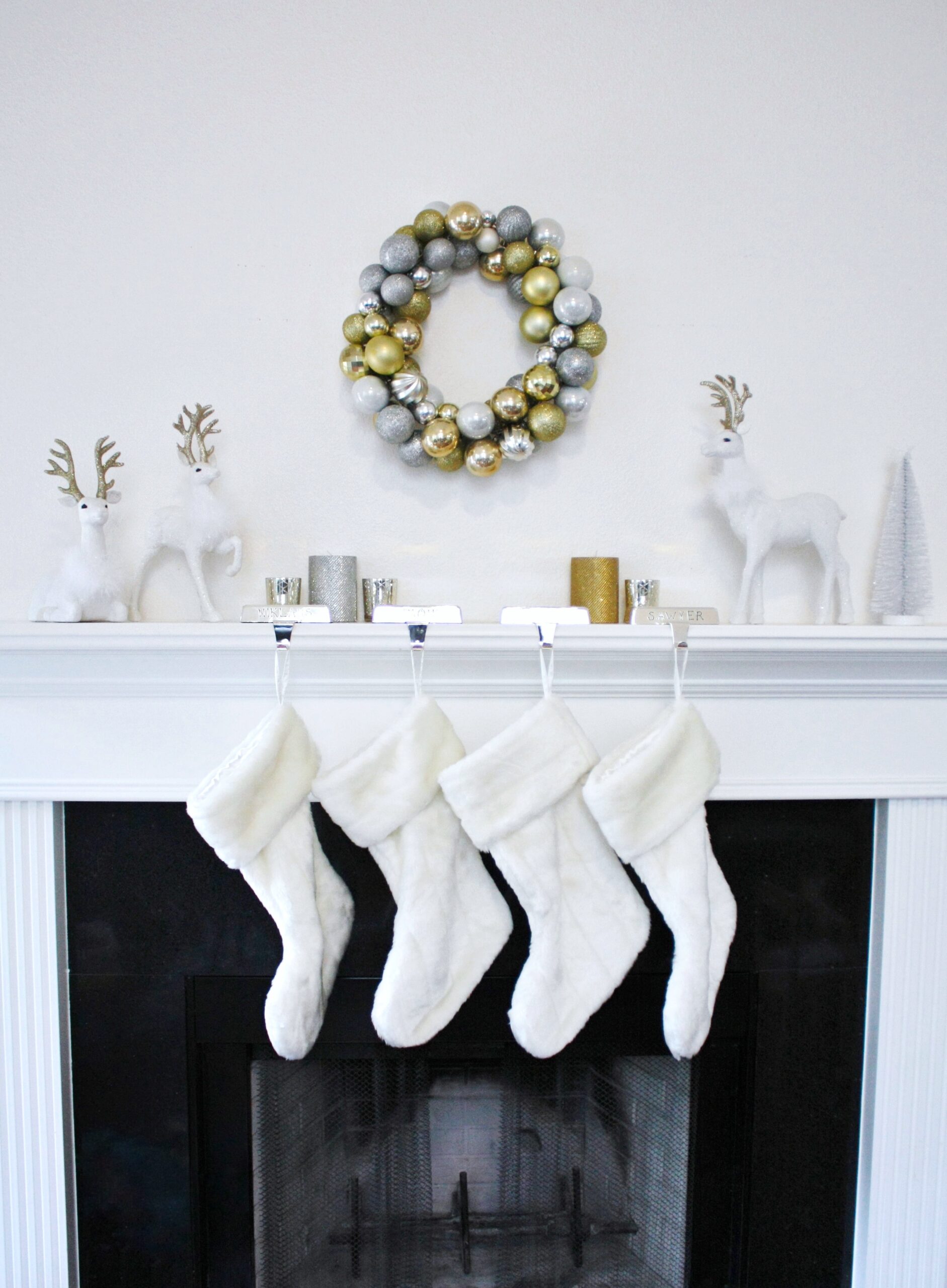 Minimalist White, Silver, and Gold Christmas Mantel - Fab Everyday