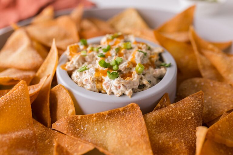 Crab Rangoon Dip with Homemade Fried Wonton Chips - Fab Everyday